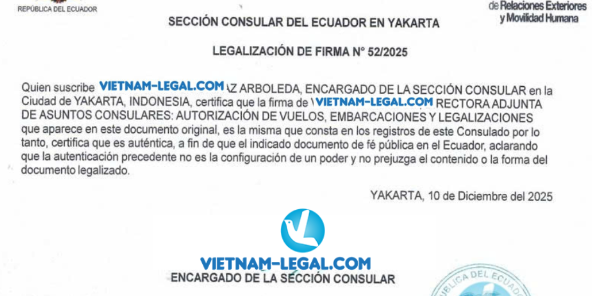 Consular certification result of the Embassy of Ecuador for Vietnamese ...