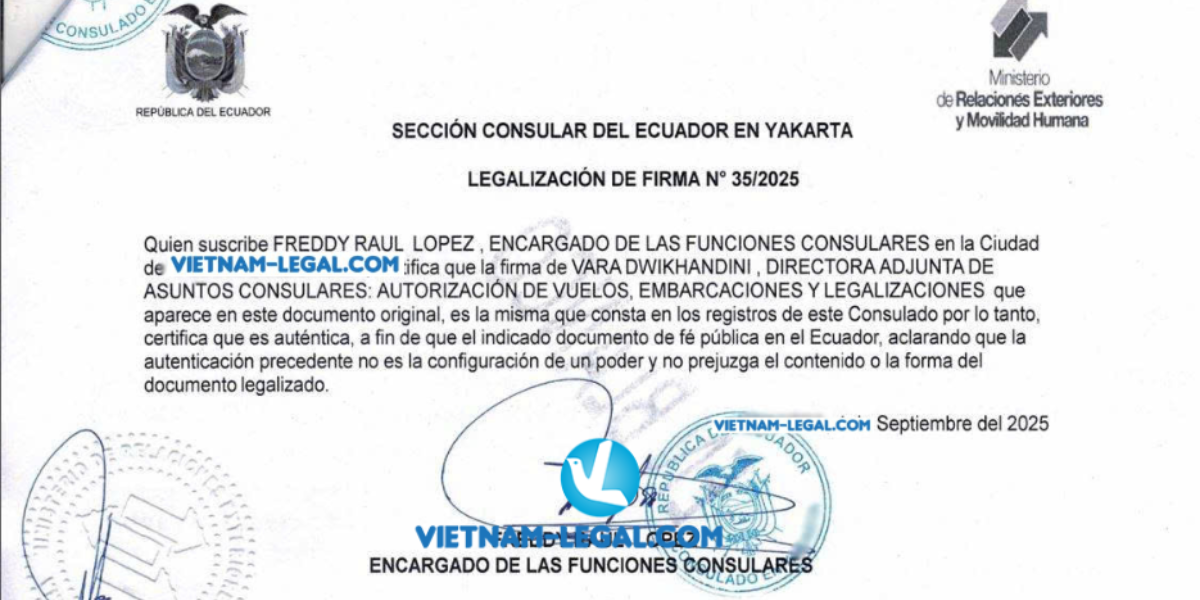 Consular certification result of the Embassy of Ecuador for Vietnamese ...